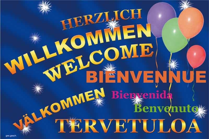 Willkommen verschiedene Sprachen Flagge 90x150 cm Premium Querformat ...